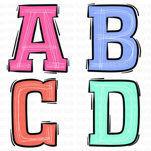 Varsity Letter Alphabet, Summer Color Alphabet PNG Bundle, Doodle ...