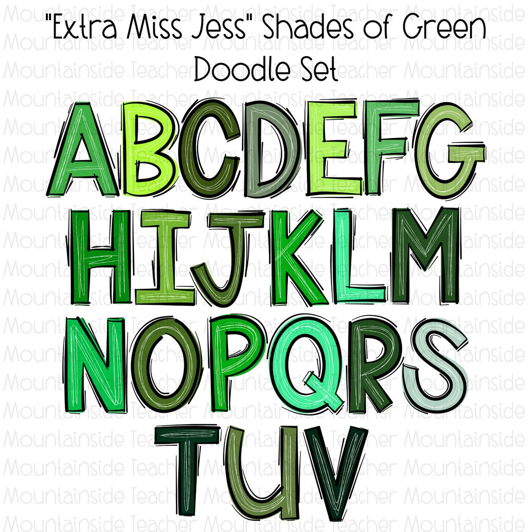Scribble Letters, Shades of Green Alphabet, PNG Bundle, Doodle ...