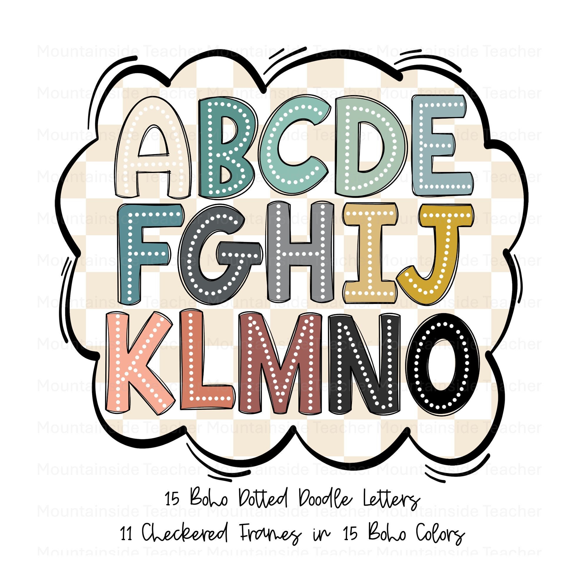 Dotted Boho Alphabet With Boho Checkered Background Frame With Dotted ...