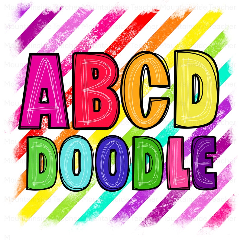 Neon Doodle Alphabet PNG Bundle: Rainbow Varsity Letters (digital ...