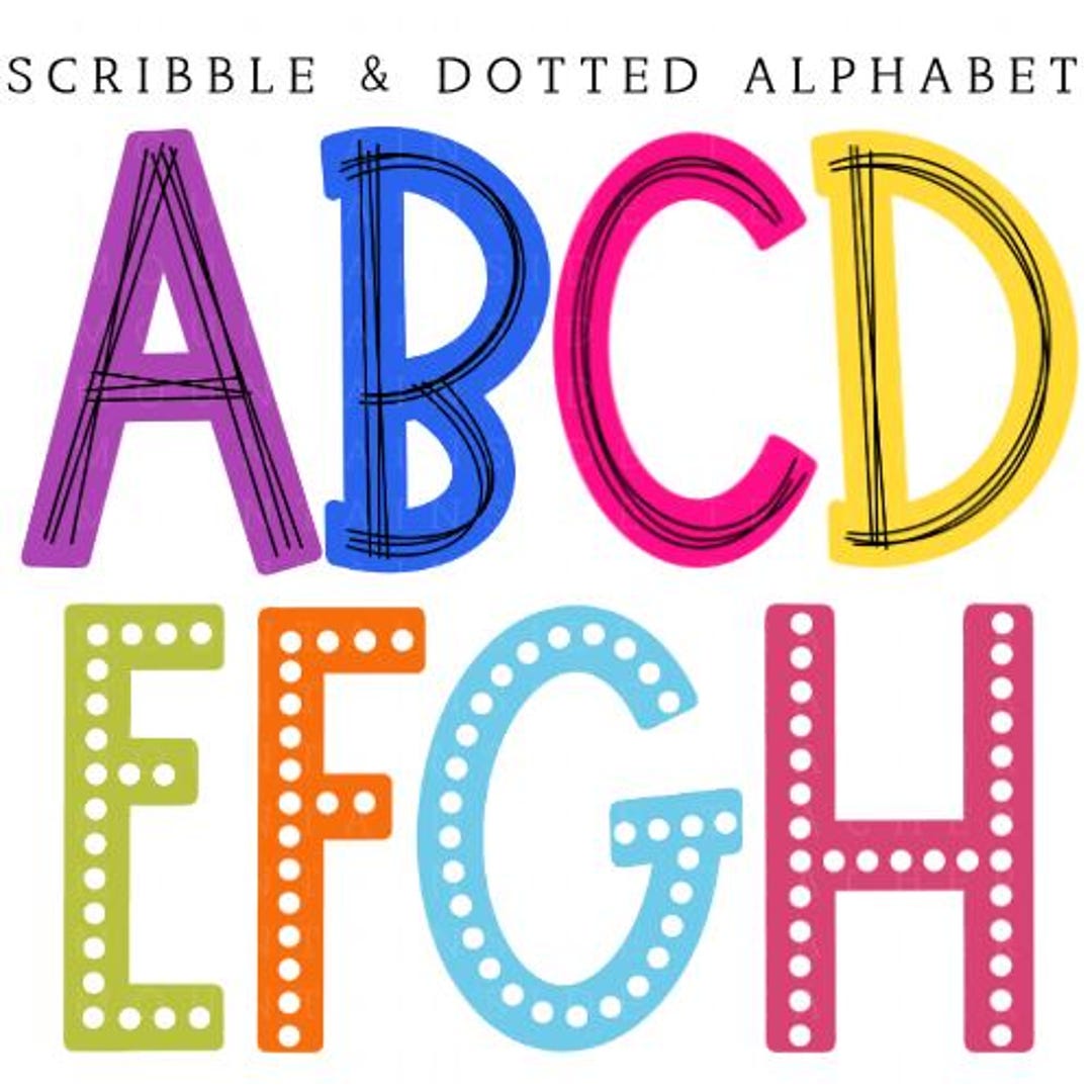 Scribble and Dotted Doodle Letters Bright Colors PNG Bundle Alphabet ...