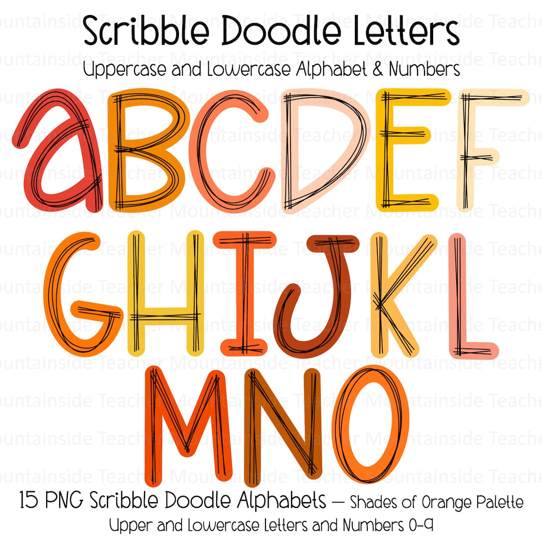 Scribble Letters, Sublimation Doodle Alphabet, Shades of Orange Doodle ...