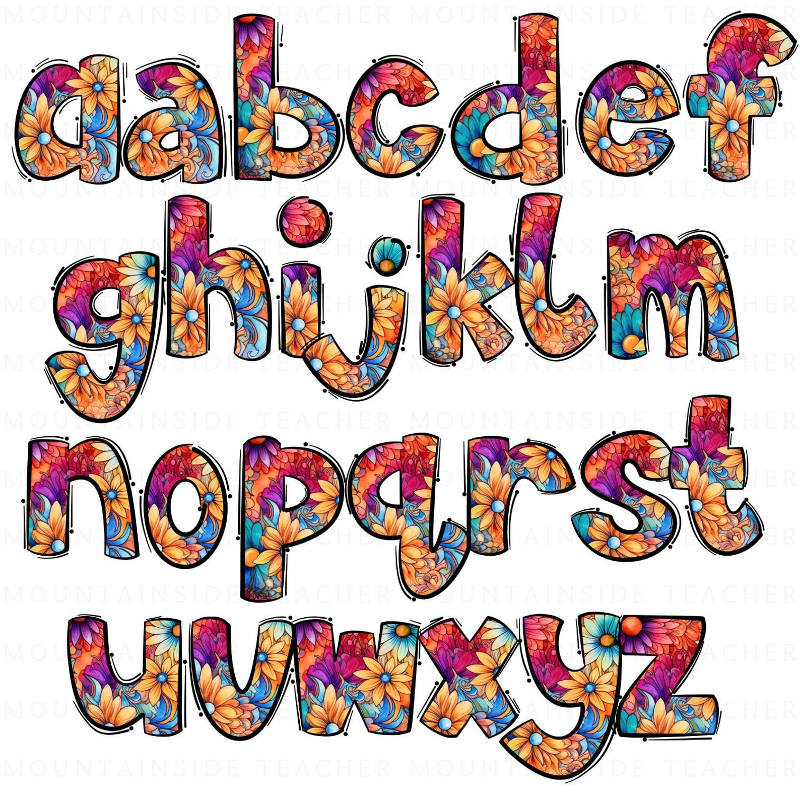 Floral Doodle Alphabet PNG: Hippie Watercolor Font (digital Download ...