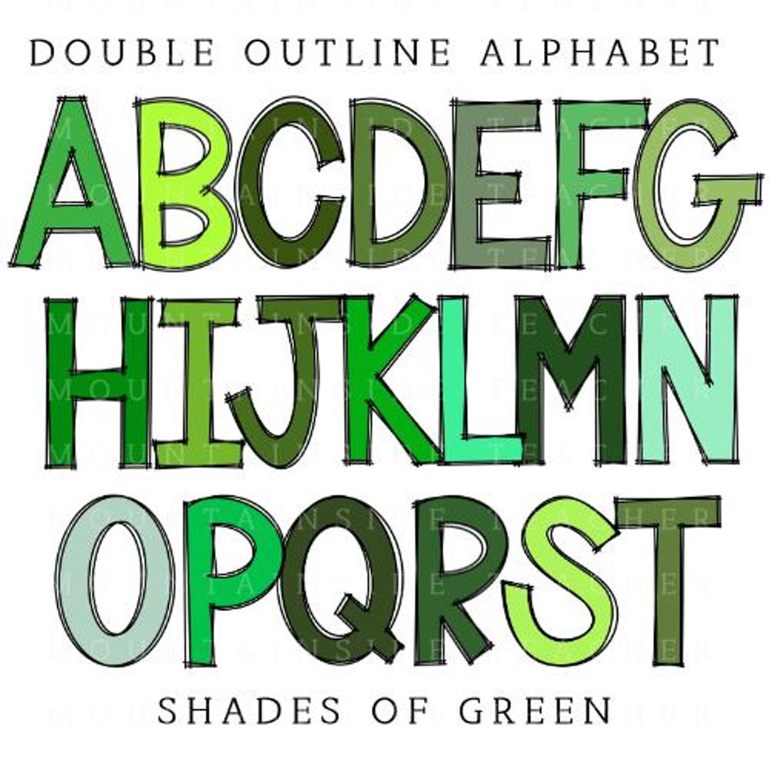 Double Outline Block Letters Shades of Green Bundle Doodle Sublimation ...