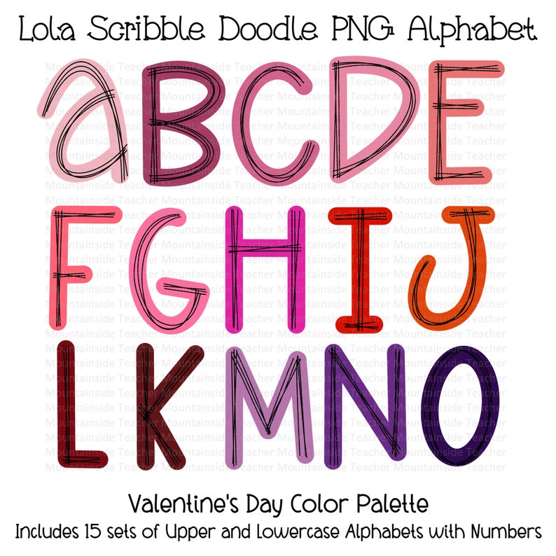 Scribble Letters Shades of Pink and Red Doodle Alphabet PNG - Etsy
