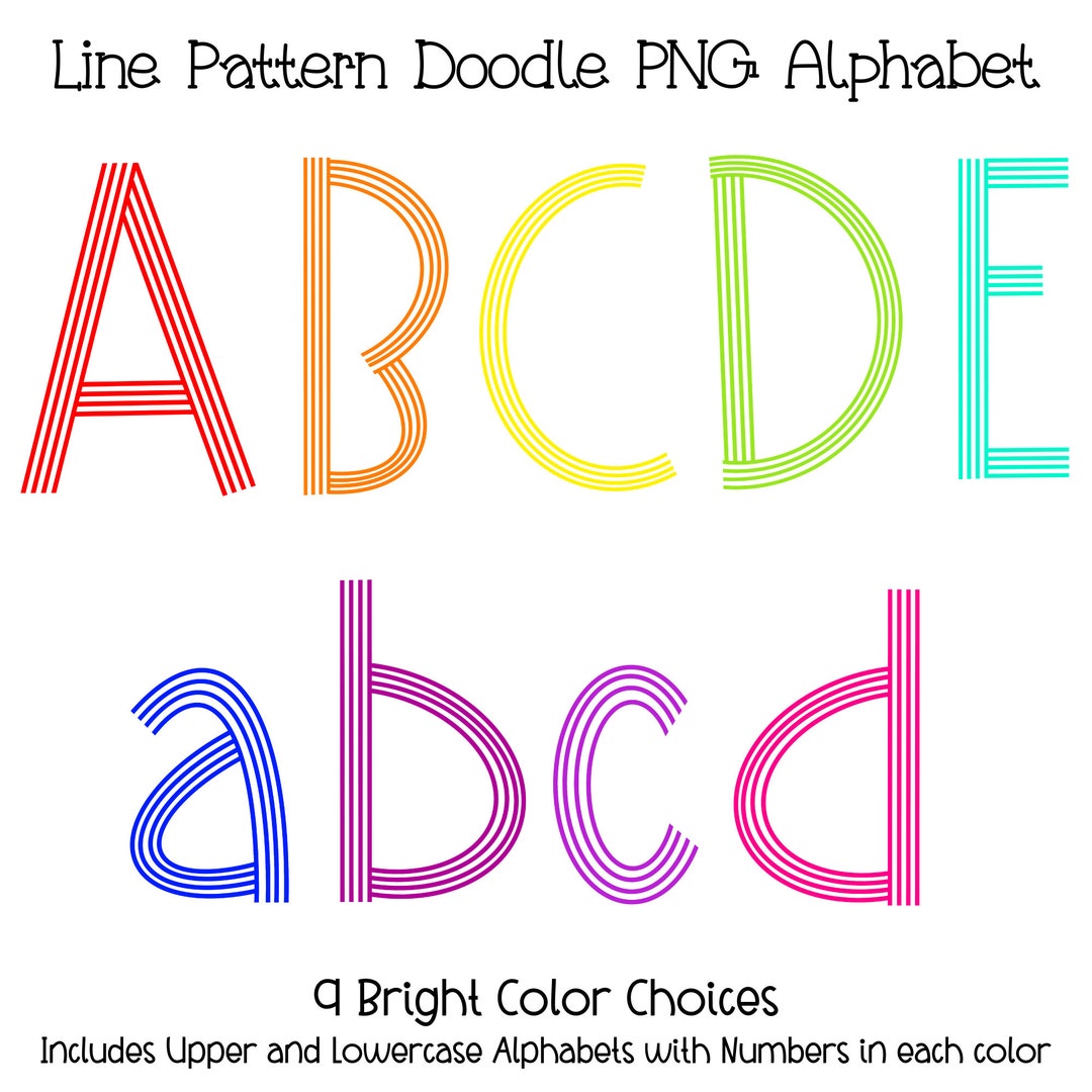 Line Pattern Letters, Bright Neon Colors, Doodle Alphabet, PNG Bundle ...