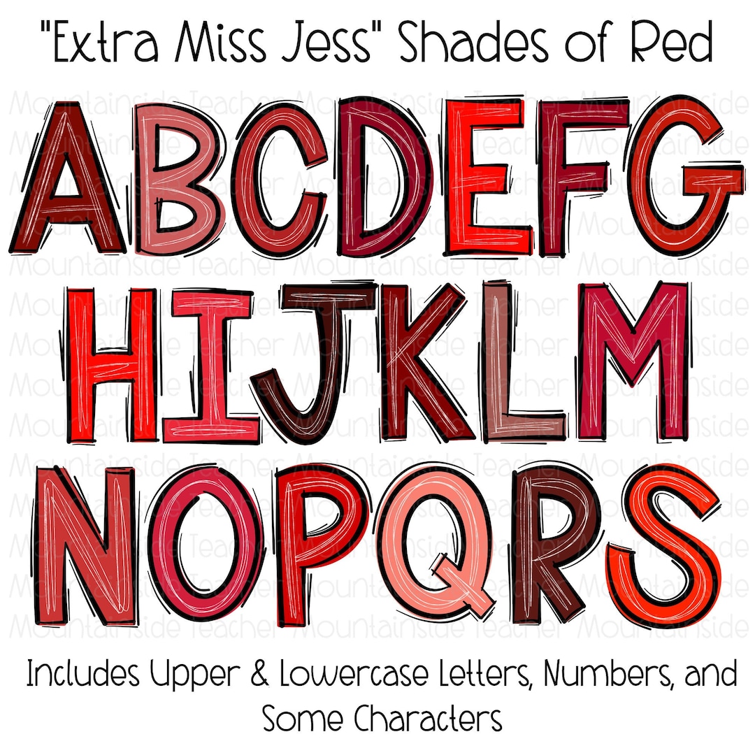 Scribble Letters, Shades of Red Alphabet, PNG Bundle, Doodle ...