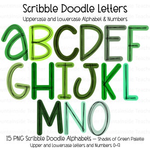 Scribble Letters, Sublimation Doodle Alphabet, Shades of Green Doodle ...