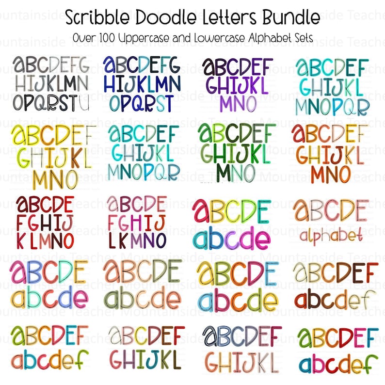 Scribble Letters, Bright Doodle Alphabet, PNG Bundle, Doodle ...
