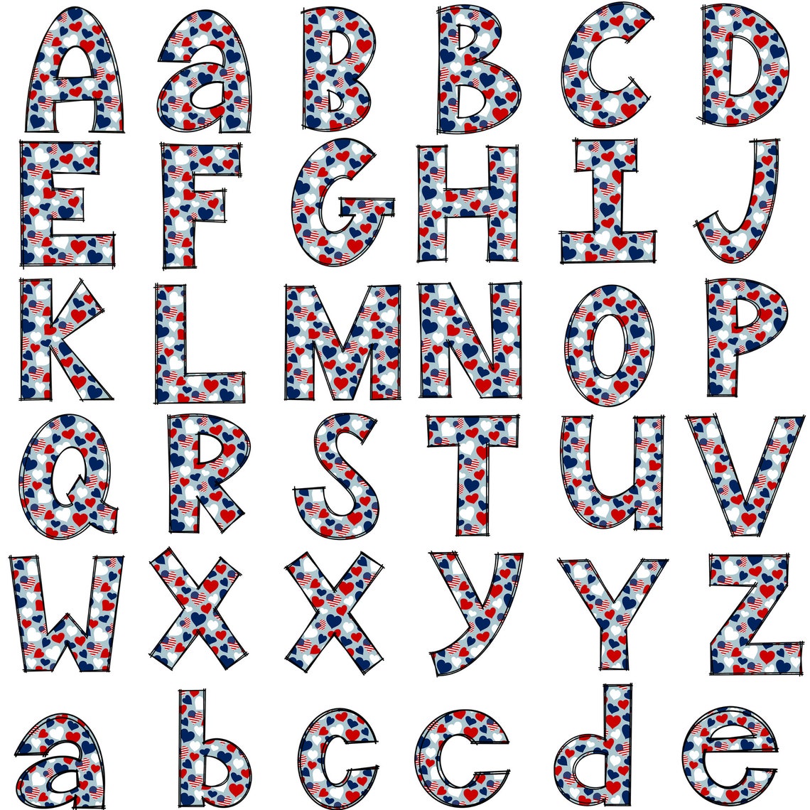 Doodle PNG Alphabet Patriotic Doodle Alphabet Bundle 4th of | Etsy