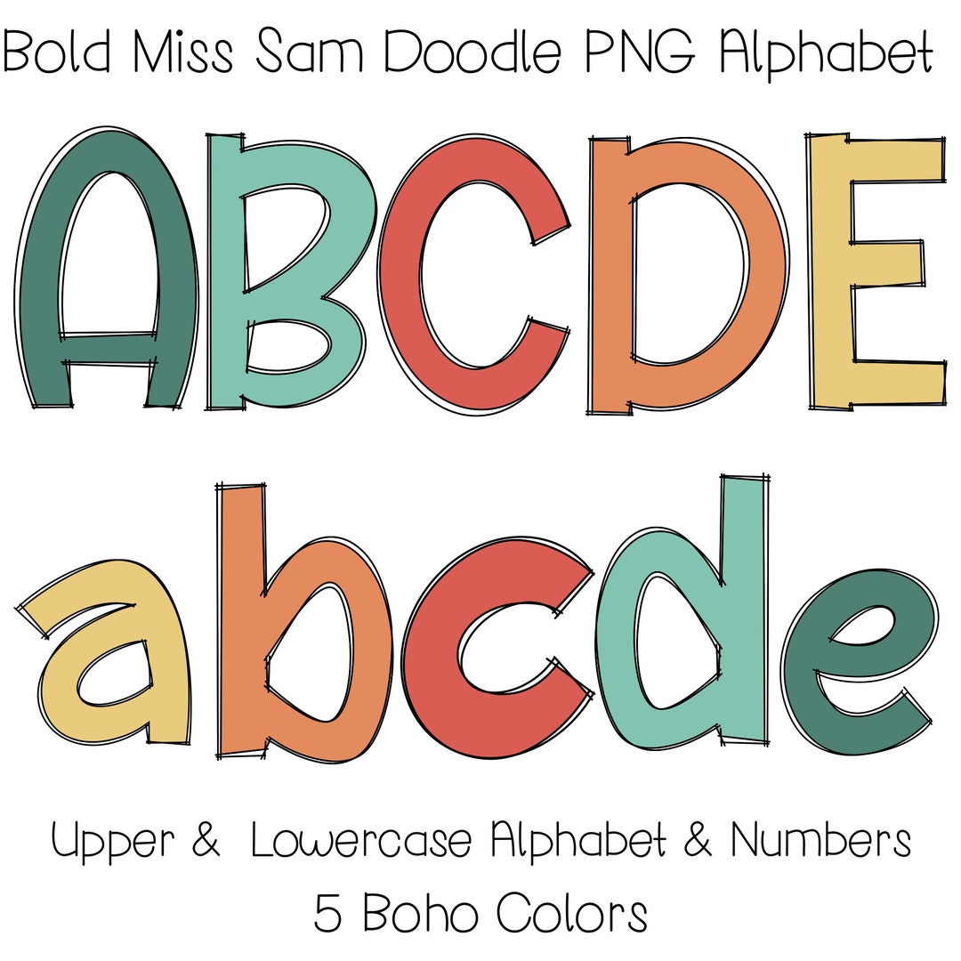 Boho Colored Block Doodle Letters Alphabet PNG Bundle Doodle ...