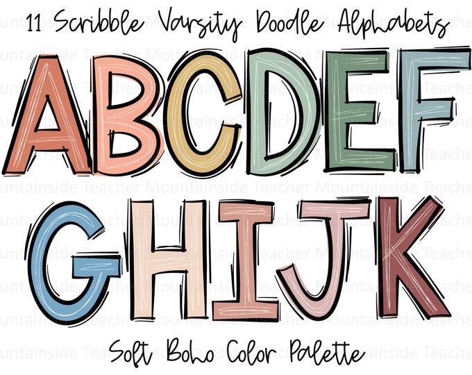 Bright Scribble Alphabets, Bright Colors, Doodle Letters, Hand Drawn ...