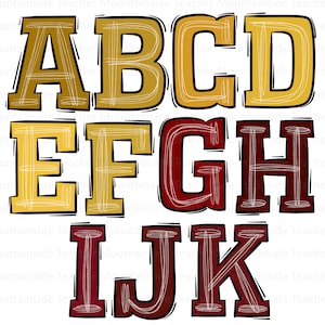 Varsity Scribble Letters, Maroon and Gold Doodle Alphabet, PNG Bundle ...