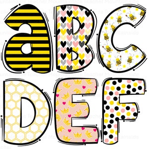 Bee Doodle Alphabet Spring PNG Sublimation Alpha Design Uppercase and ...