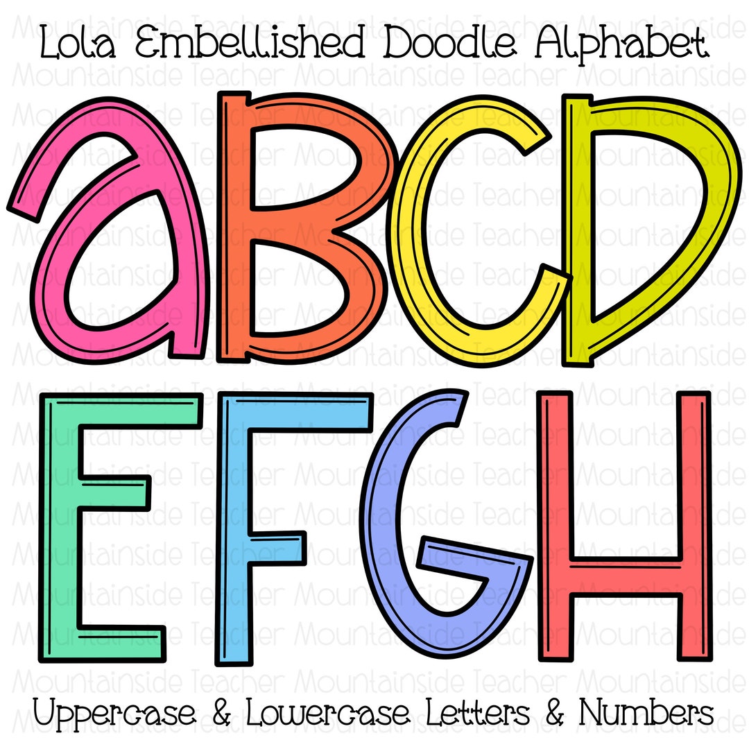 Colorful Doodle Alphabet PNG: Lola Embellished Font Set (digital ...