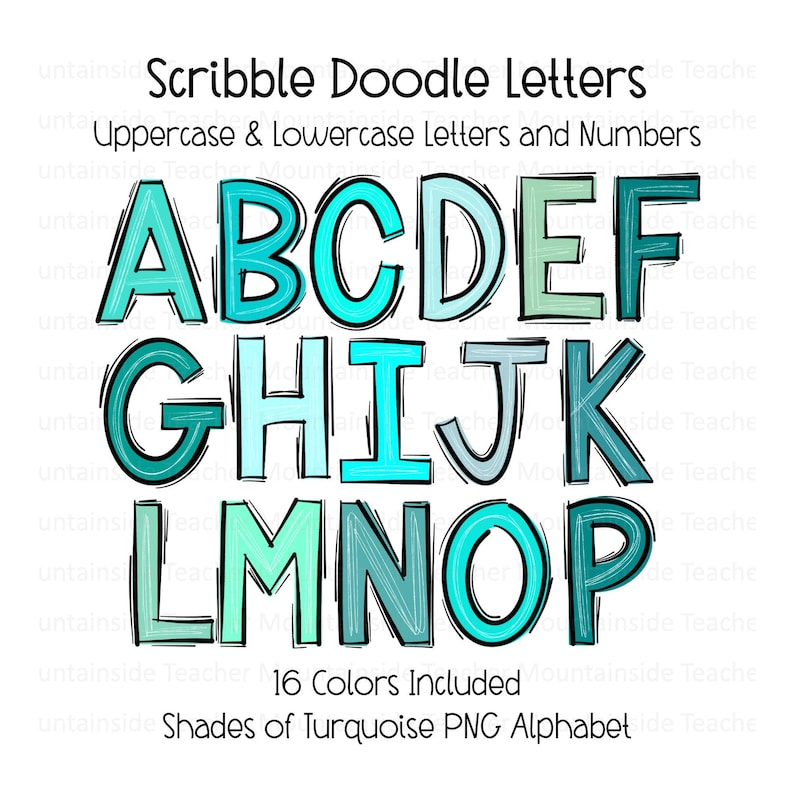 Scribble Letters, Shades of Turquoise Alphabet, PNG Bundle, Doodle ...