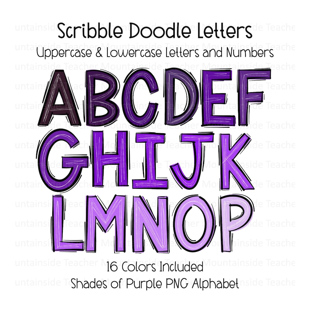 Scribble Letters, Shades of Purple Alphabet, PNG Bundle, Doodle ...