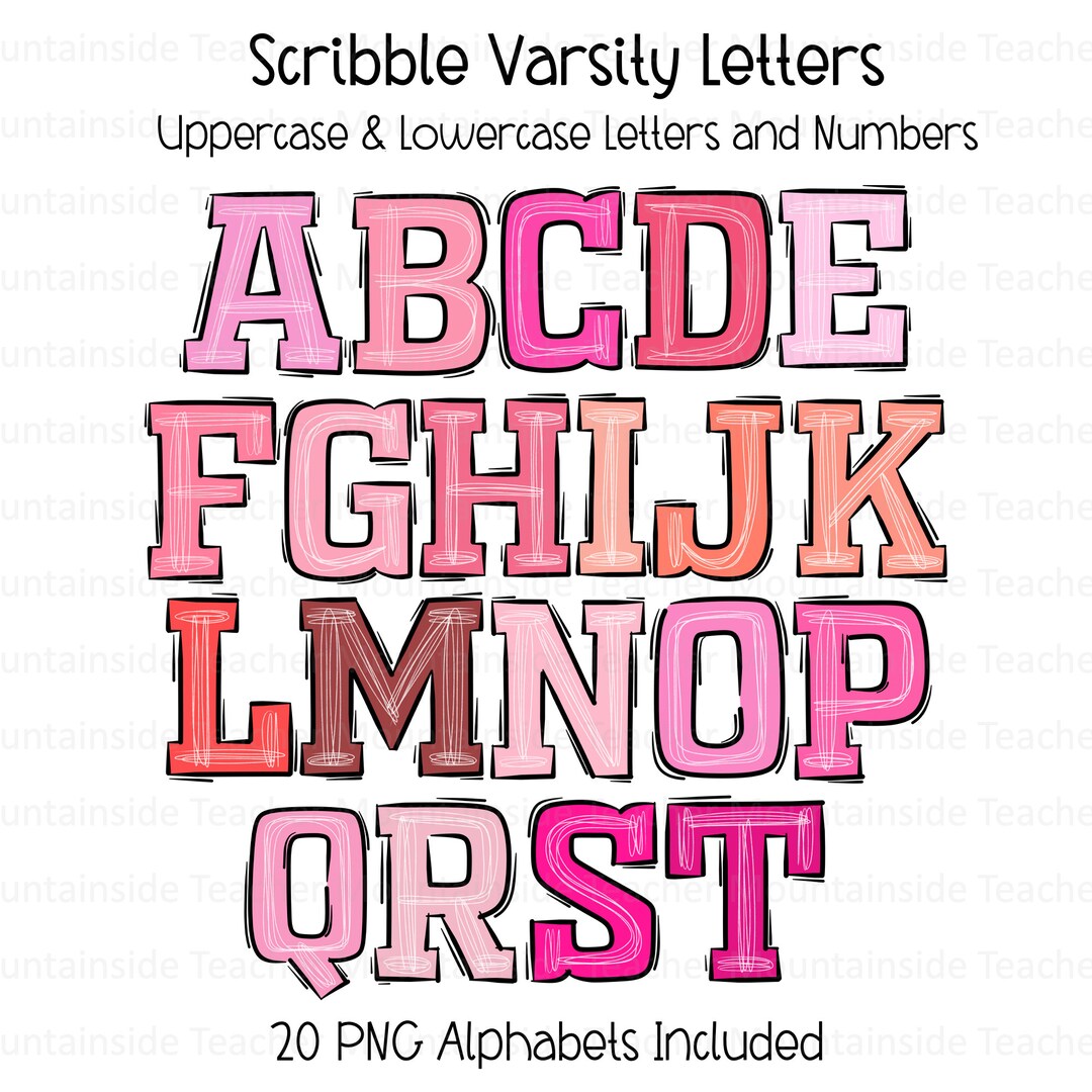 Varsity Letter Alphabet, Shades of Pink, Doodle Letters, Hand Drawn ...