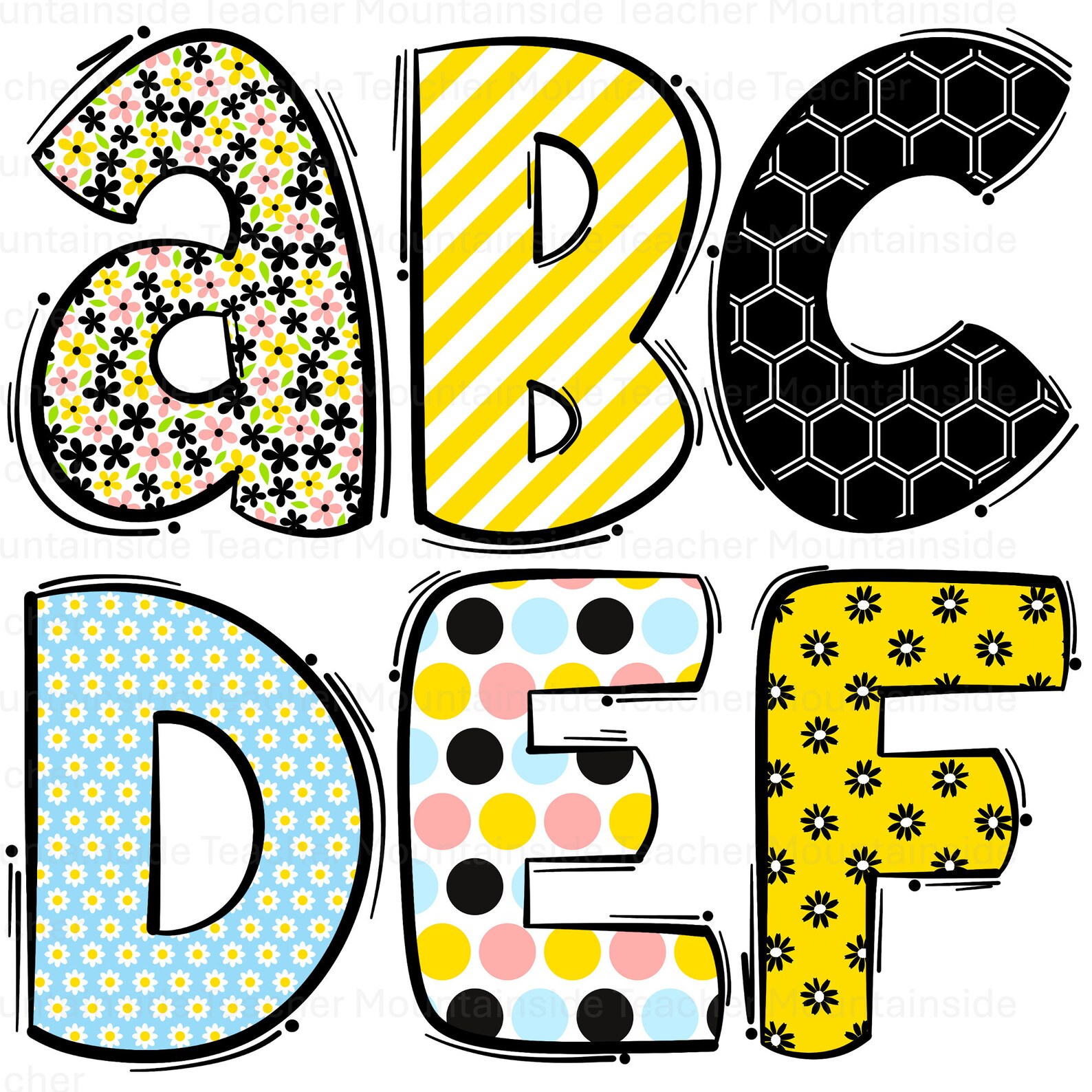 Bee Doodle Alphabet Spring PNG Sublimation Alpha Design Uppercase and ...