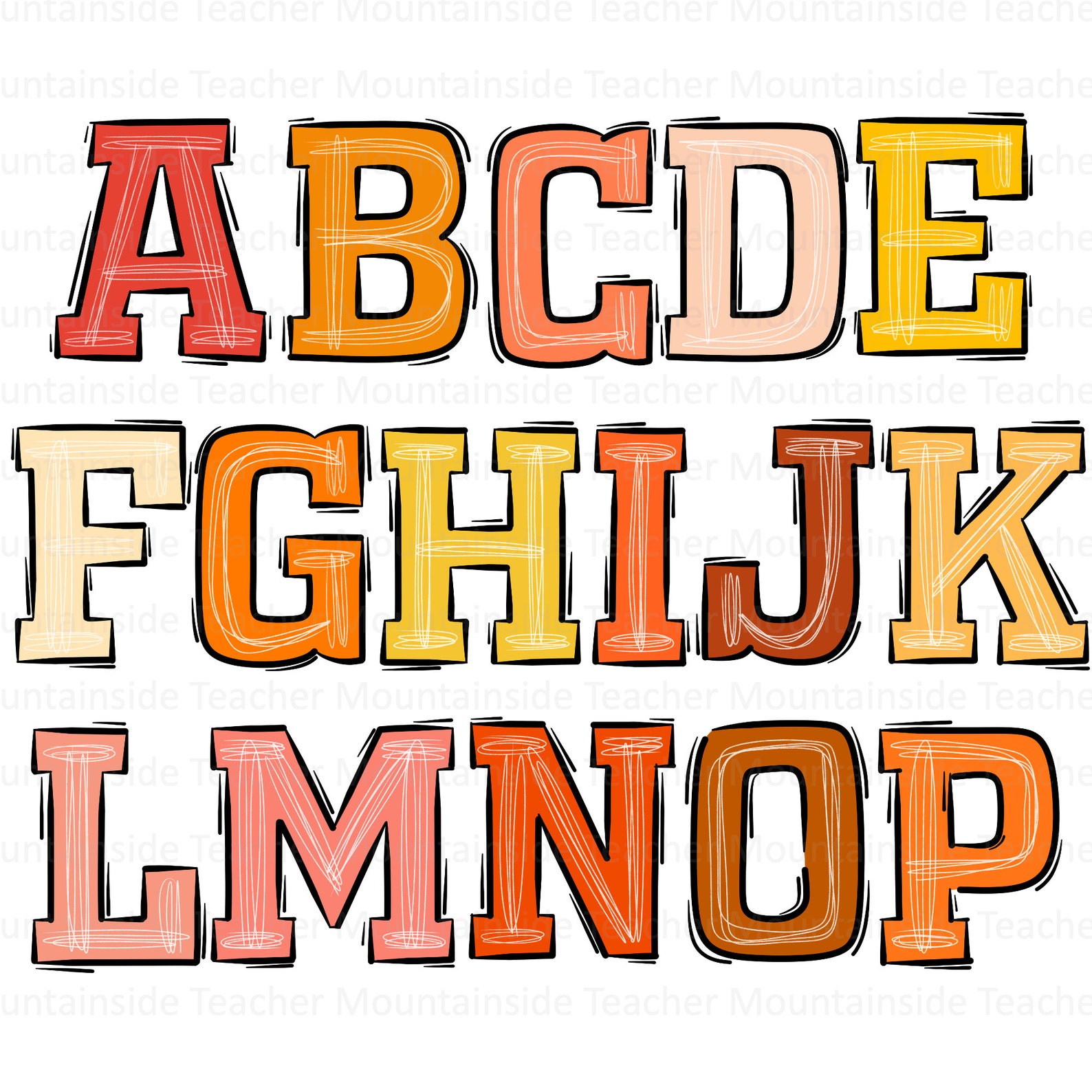 Orange Doodle Varsity Alphabet: Hand-drawn PNG Set (digital Download ...
