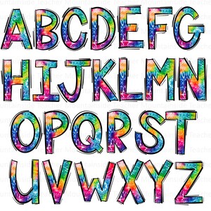 Tie Dye Letters, Bright Doodle Alphabet, PNG Bundle, Doodle Sublimation ...