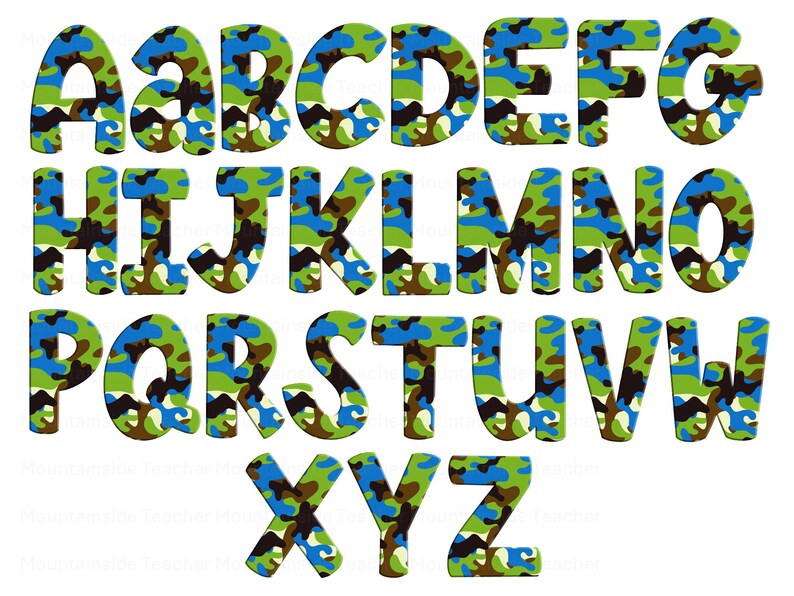 Camo Doodle Alphabet PNG: Bright Camouflage Clipart (digital Download ...