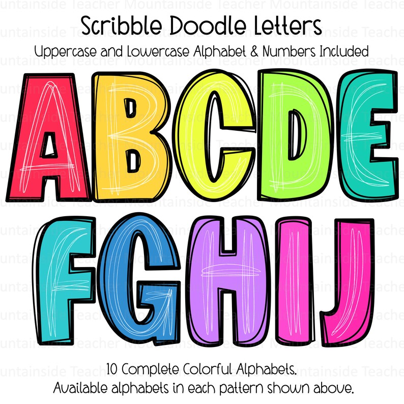Bright Scribble Alphabets, Bright Colors, Doodle Letters, Hand Drawn ...