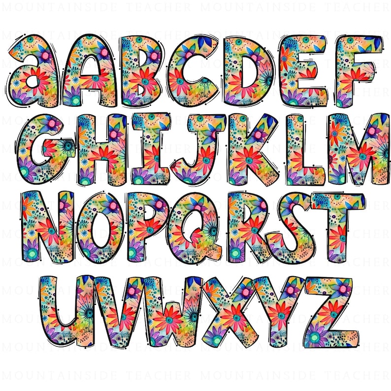 Floral Doodle Alphabet PNG: Hippie Watercolor Font (digital Download ...