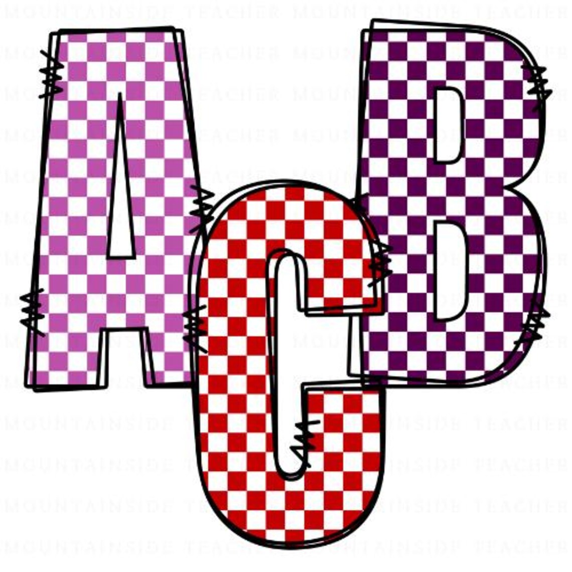 Checkered Doodle Alphabet PNG Bundle: Bright Clipart (digital Download ...