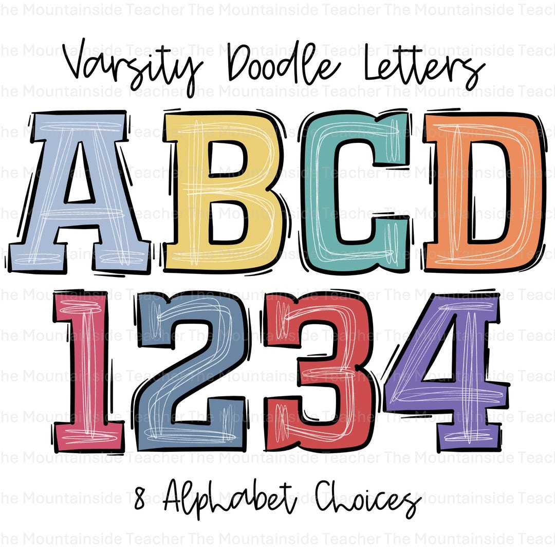 Muted Varsity Letters, Boho Doodle Alphabet, Doodle Sublimation, Alpha ...
