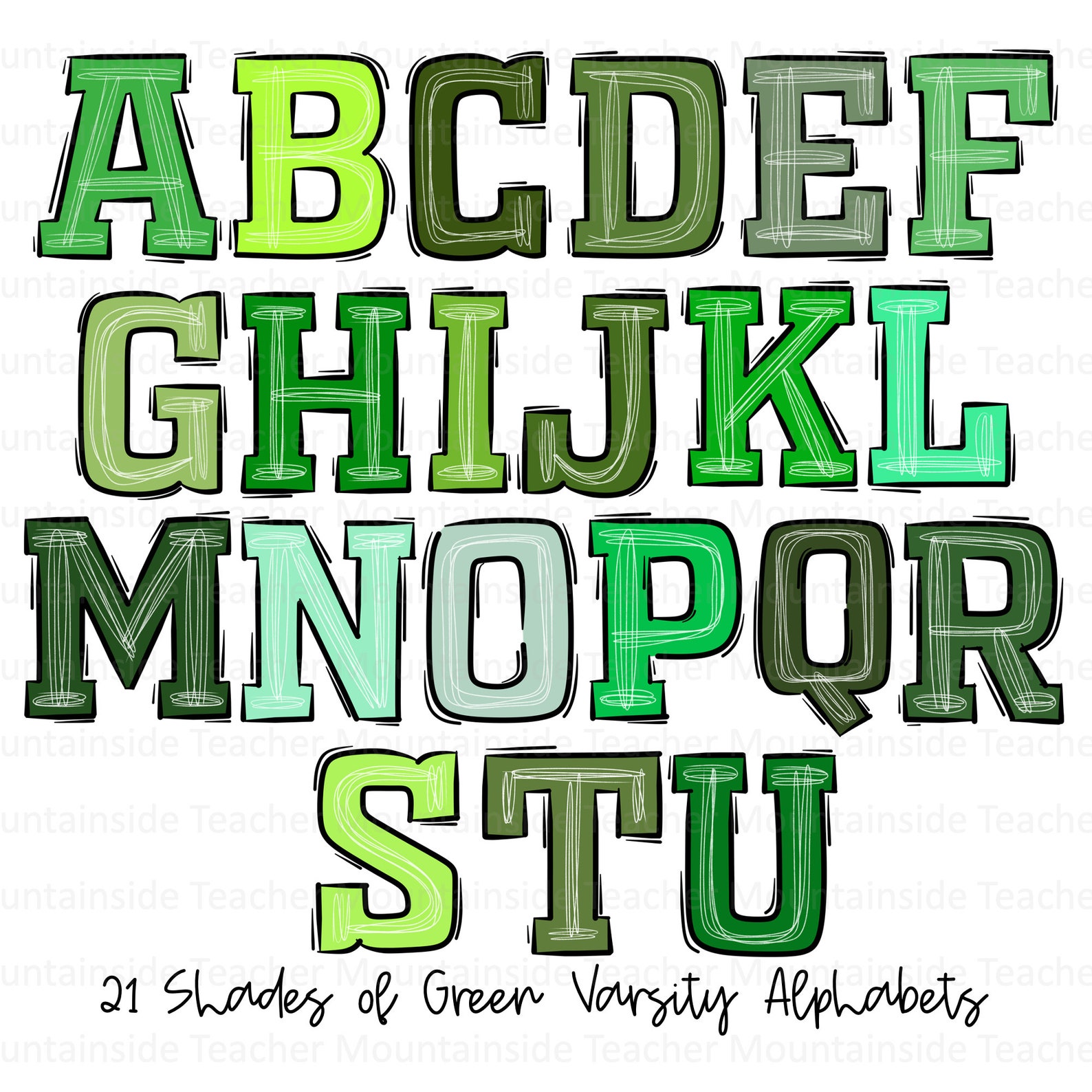 Varsity Alphabet, Shades of Green, Doodle Letters, Hand Drawn Alphabet ...