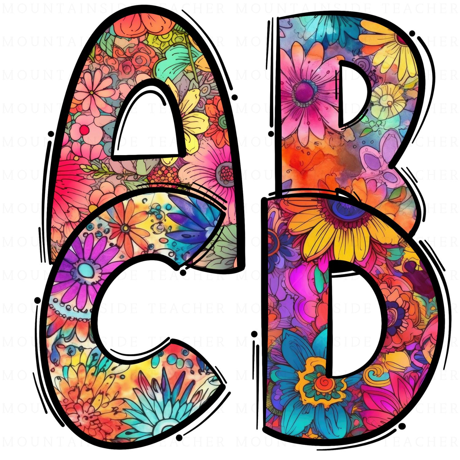 Floral Doodle Alphabet PNG: Hippie Watercolor Font (digital Download ...