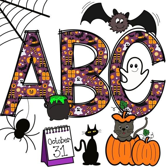 Double Line Letters Alphabet PNG Halloween Doodle Sublimation - Etsy
