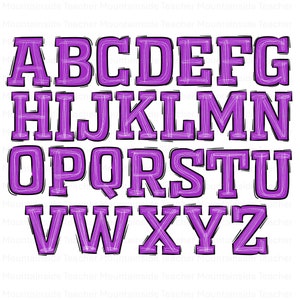 Varsity Letter Alphabet, Shades of Purple, Doodle Letters, Hand Drawn ...