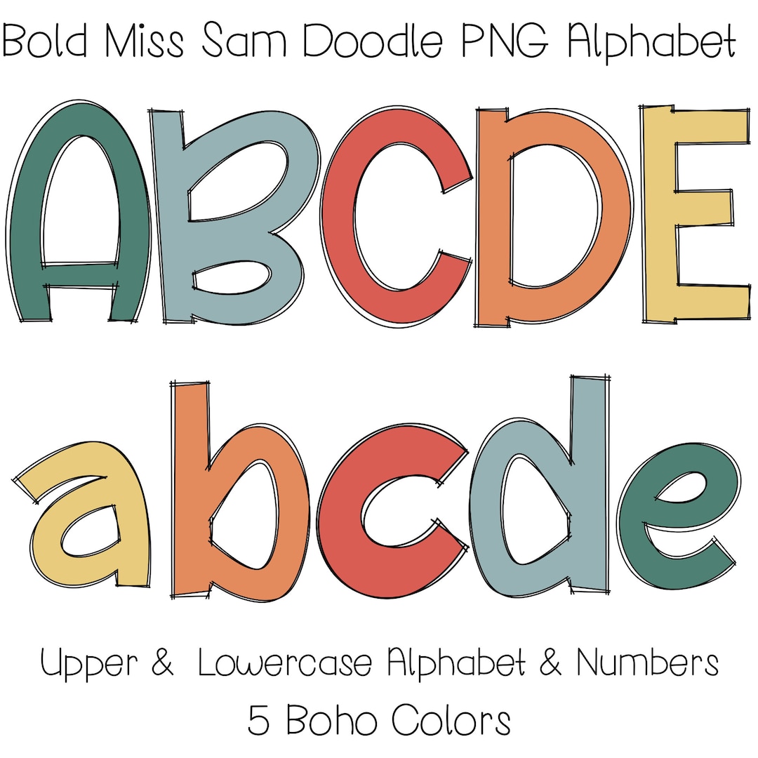 Boho Colored Block Doodle Letters Alphabet PNG Bundle Doodle ...