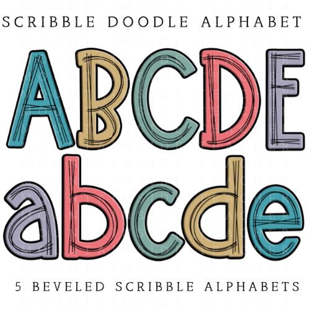 Blunt Edge Scribble Doodle Letters Boho Colors PNG Bundle Alphabet ...