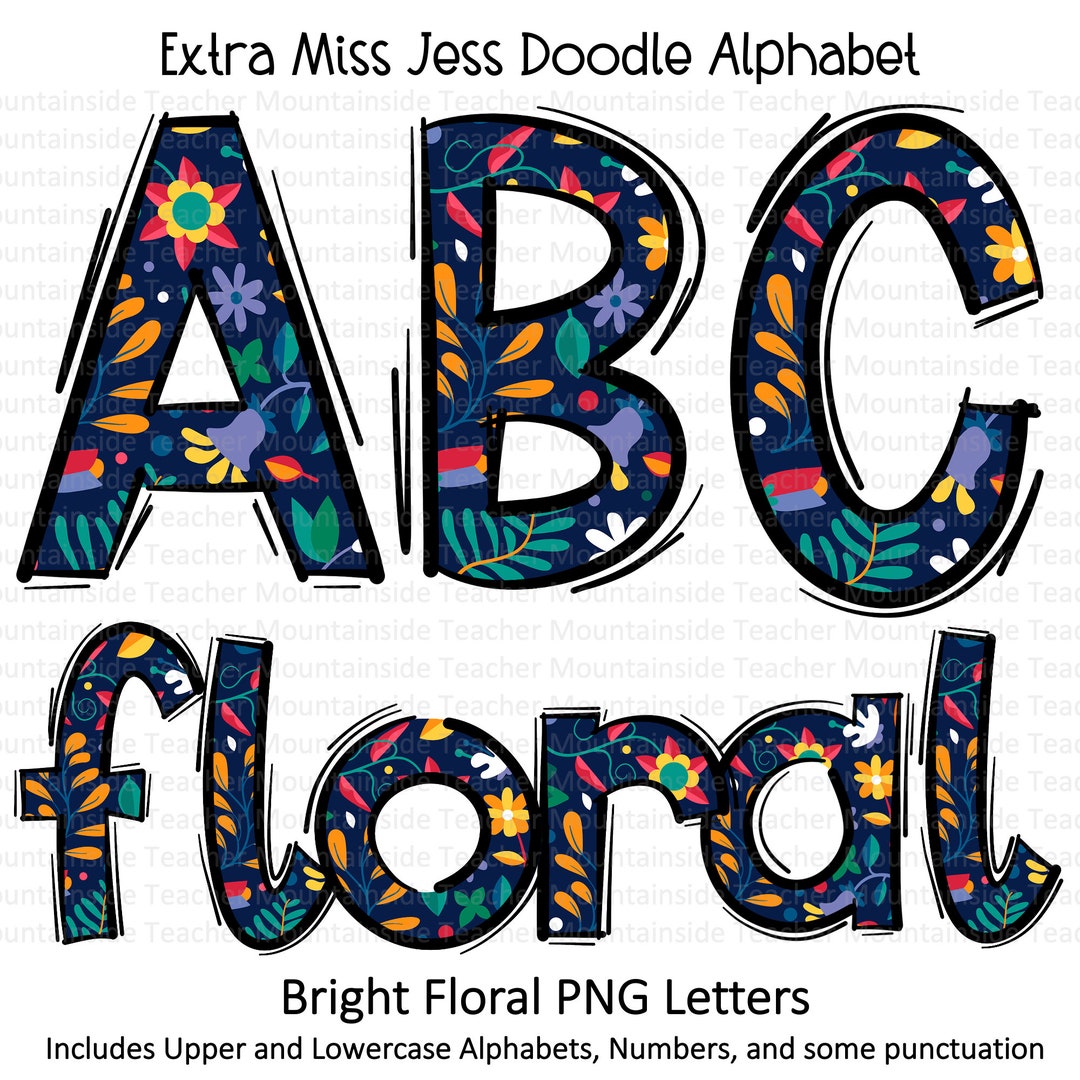 Doodle Letters, Bright Floral Alphabet, PNG Bundle, Doodle Sublimation ...