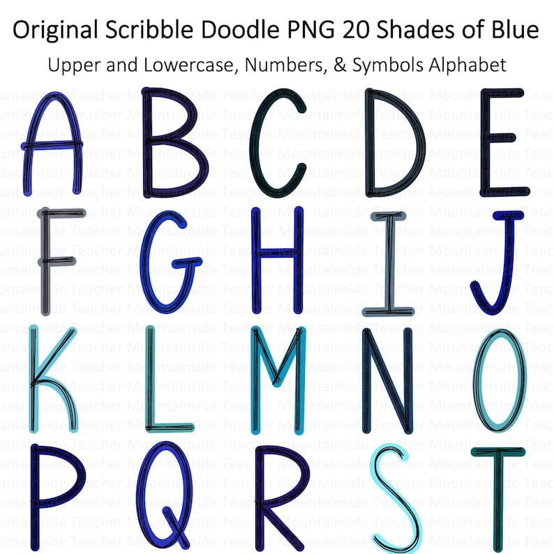 Scribble Shades of Blue Doodle Letters PNG Bundle Doodle - Etsy