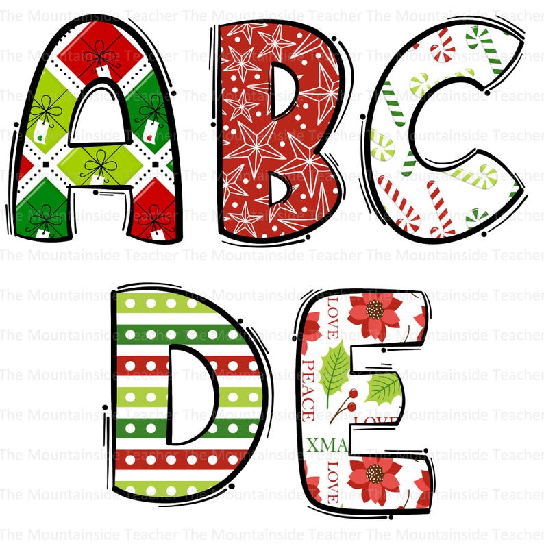 Christmas Doodle PNG Bundle, Holiday Letters, Christmas Patterns, Clip ...