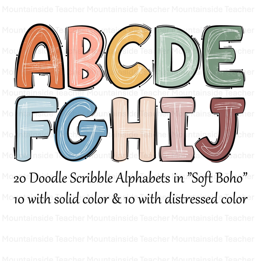 Scribble Letters, Boho Doodle Alphabet, PNG Bundle, Doodle Sublimation ...