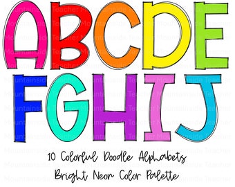 Single Center Line Letters, Bright Doodle Alphabet, PNG Bundle ...
