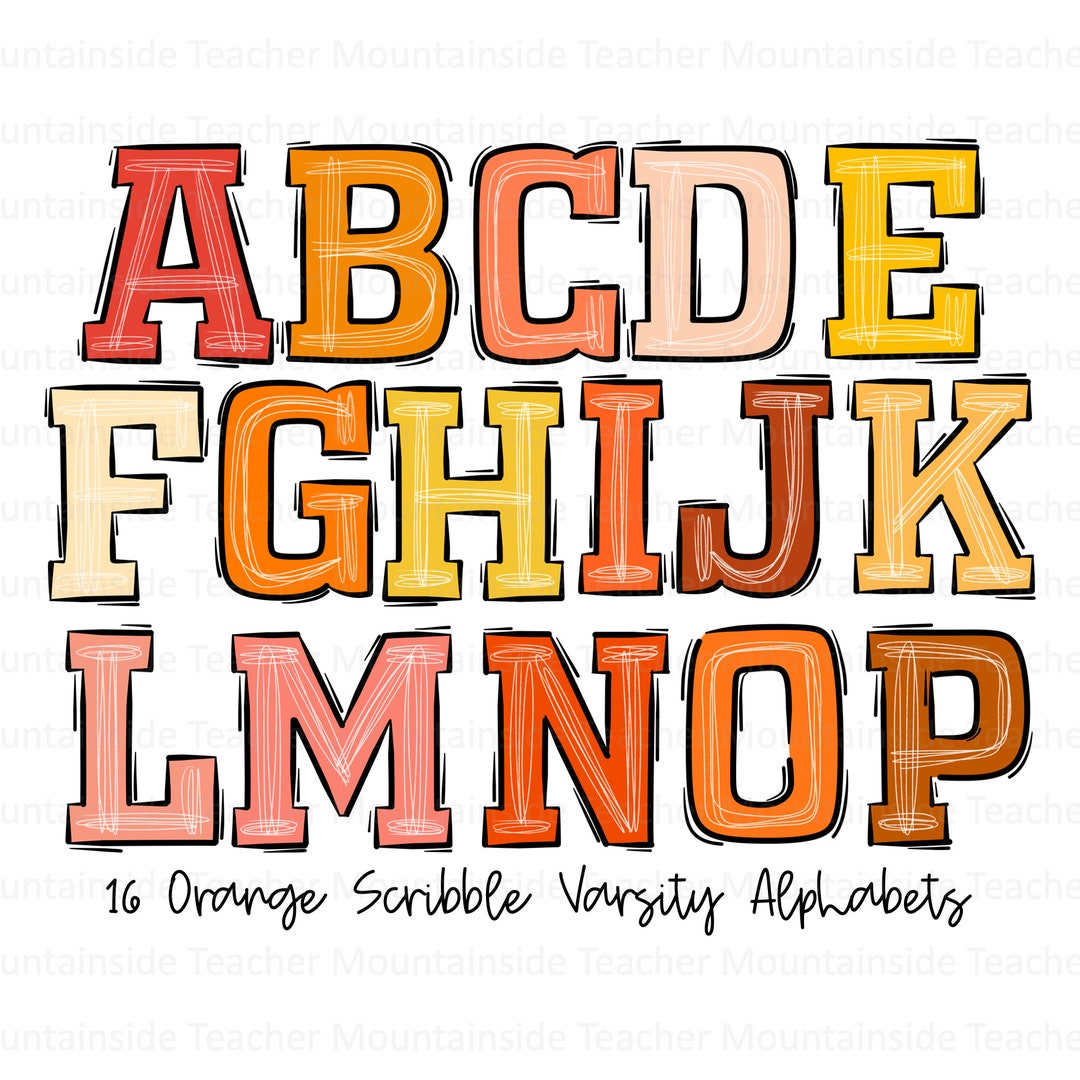 Orange Doodle Varsity Alphabet: Hand-drawn PNG Set (digital Download ...