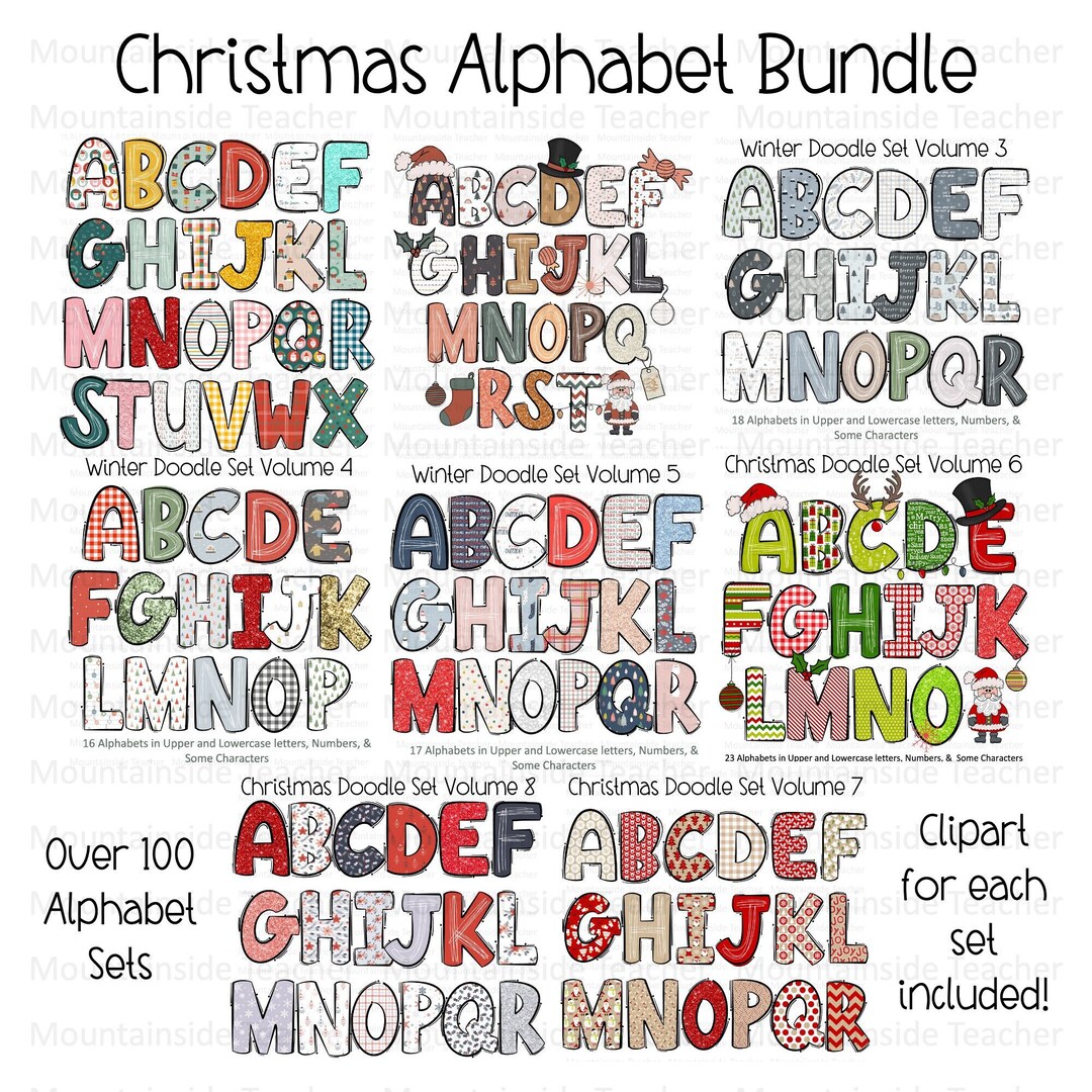 Christmas Doodle PNG Bundle, Holiday Letters, Christmas Patterns, Clip ...