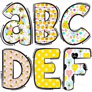 Bee Doodle Alphabet Spring PNG Sublimation Alpha Design Uppercase and ...