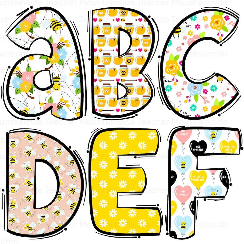 Bee Doodle Alphabet: Spring PNG Sublimation Design (digital Download ...
