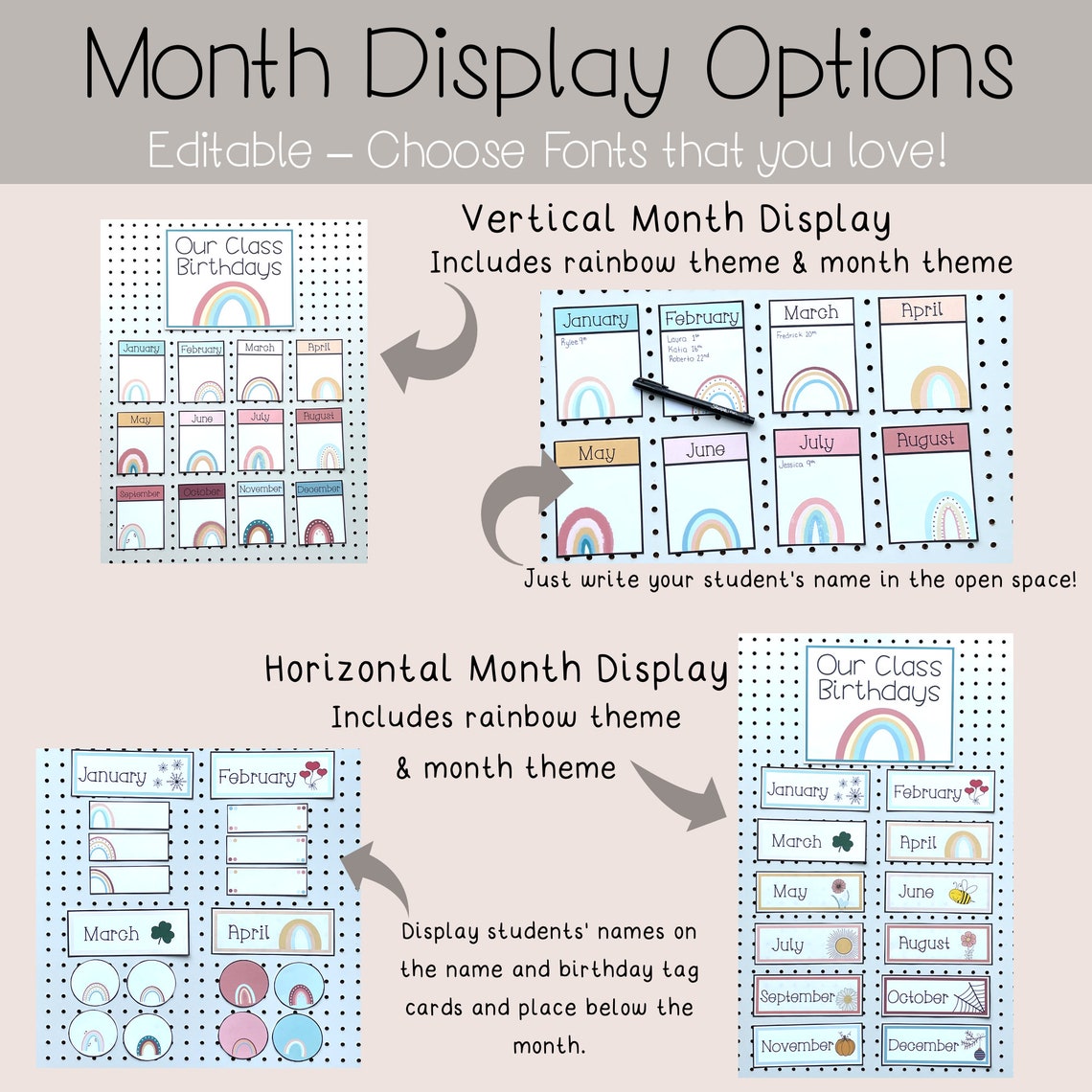 Neutral Rainbow and Fun Clipart Birthday Chart Editable | Etsy