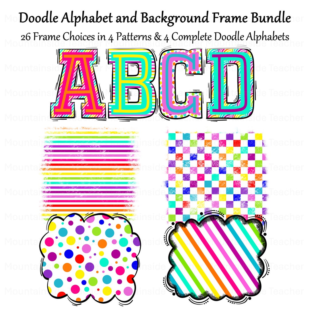 Rainbow Doodle Alphabet PNG Bundle: Neon Varsity Letters & Frames ...