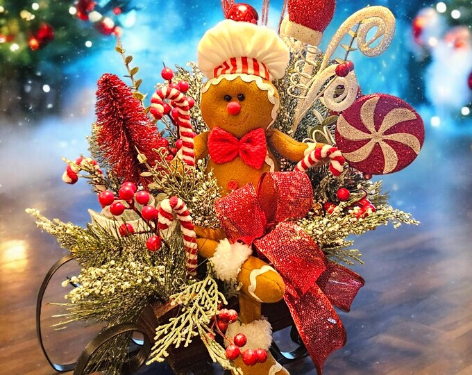 Gingerbread Man Sleigh Themed Flocked Pine Table Centerpiece, Winter ...