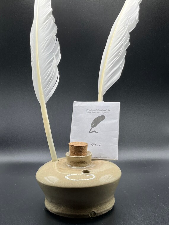 Large Ceramic Inkwell With 4 Quills and Ink Set | Etsy