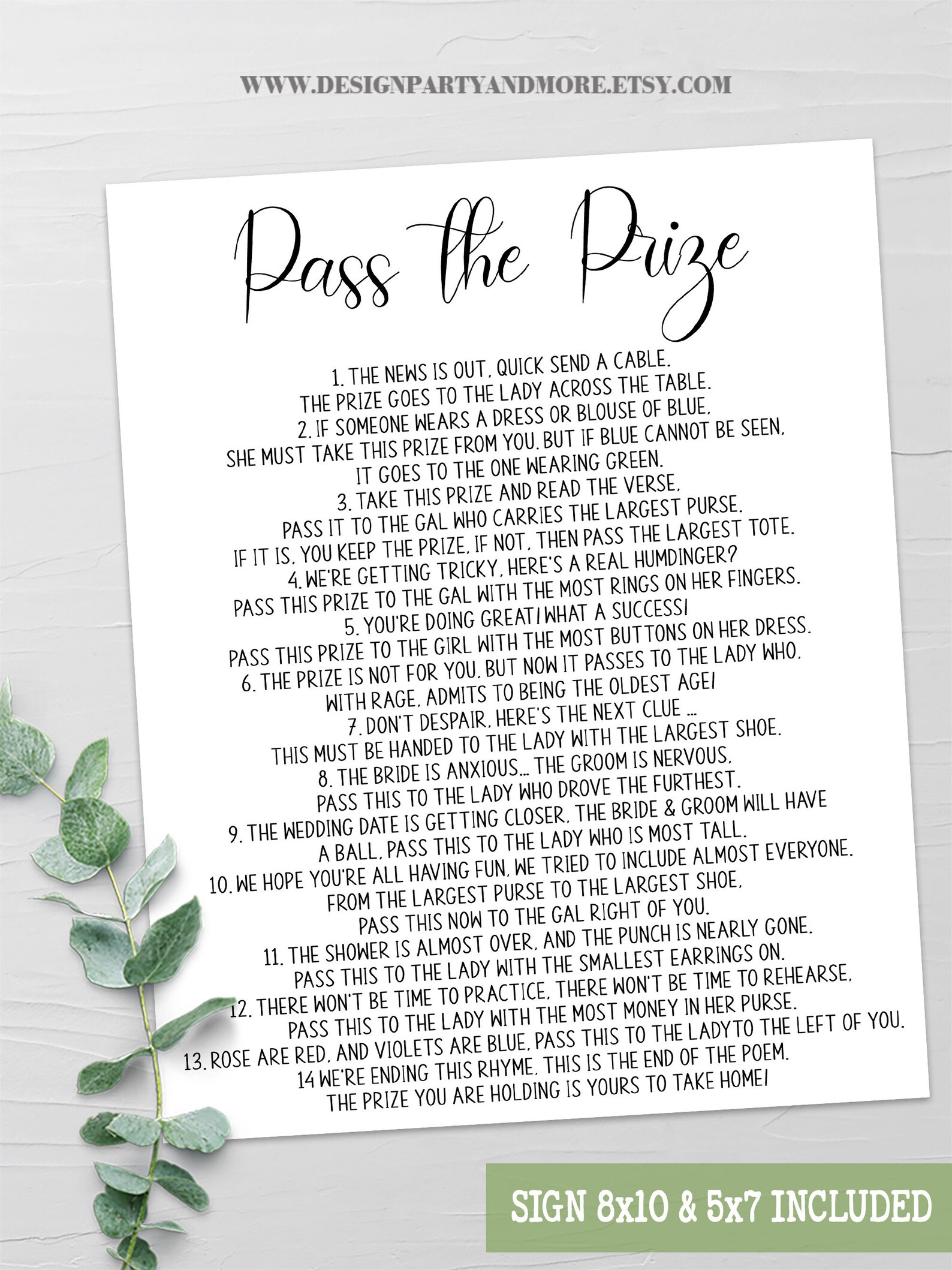 Minimalist Pass the Prize Poem Bridal Shower Game (printable Instant ...